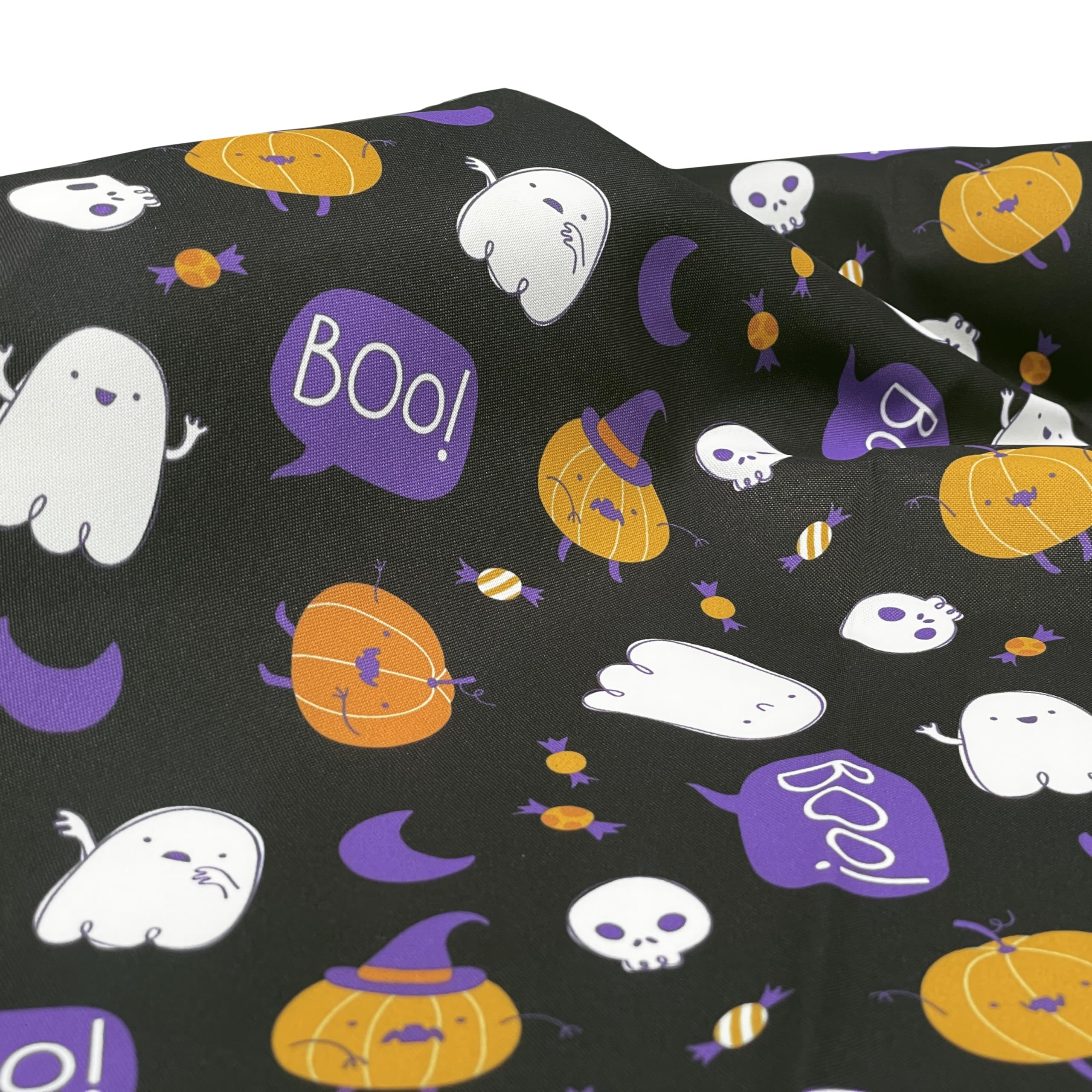 VIZALO Halloween Theme Digital Print 300D Water Repellent 54" Wide Polyester Woven Fabric with Pumpkin Boo Moon Skull for Decorations, patchworks, Trick or Treat Bags, Upholstery. (1 Yard, Black Boo)