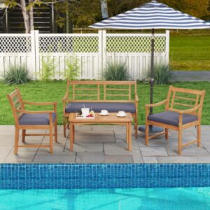 RELAX4LIFE Wood Patio Furniture Set - 4-Piece Outdoor Furniture w/Seat Cushions & Coffee Table, Loveseat Sofa Set for Balcony Porch Deck Poolside Backyard, Acacia Wood Conversation Set (Grey)