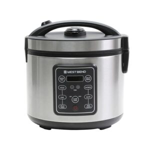 west bend rice & grain multi cooker programmable with 9 preset functions, features delay start and keep warm functions and steam basket, 20 cups cooked, stainless steel