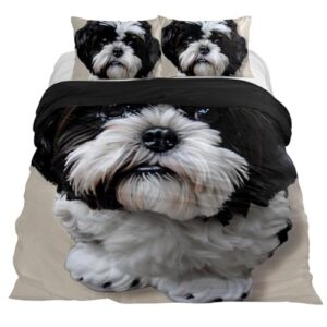 vapokf duvet covers set twin size soft and breathable microfiber comforter bedding set 1 duvet cover 2 pillowcase with zipper closure for kids women men, black white shih tzu dog puppy