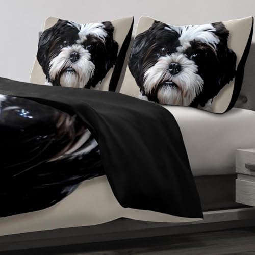 VAPOKF Duvet Covers Set Twin Size Soft and Breathable Microfiber Comforter Bedding Set 1 Duvet Cover 2 Pillowcase with Zipper Closure for Kids Women Men, Black White Shih Tzu Dog Puppy