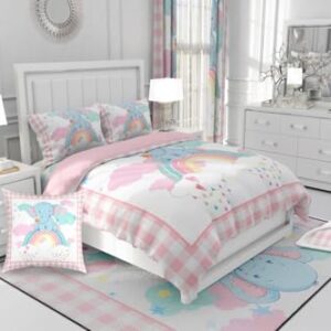 jejeloiu Cartoon Elephant Bedding Set Rainbow Print Comforter Cover Twin Size for Kids Boys Cute Animal Duvet Cover Set 100% Cotton Star Clouds Down Cotton Duvet Cover 2Pcs Pink White Plaid Girls