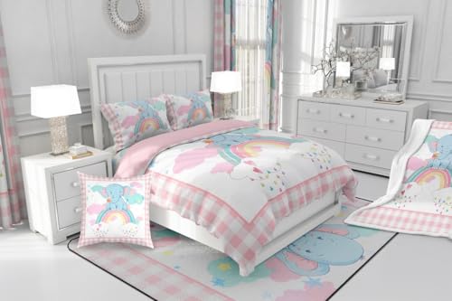 jejeloiu Cartoon Elephant Bedding Set Rainbow Print Comforter Cover Twin Size for Kids Boys Cute Animal Duvet Cover Set 100% Cotton Star Clouds Down Cotton Duvet Cover 2Pcs Pink White Plaid Girls