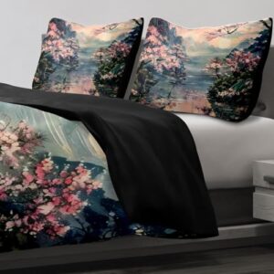 VAPOKF Duvet Covers Set King Size Soft and Breathable Microfiber Comforter Bedding Set 1 Duvet Cover 2 Pillowcase with Zipper Closure for Kids Women Men, Oil Painting Cherry Lake Landscape