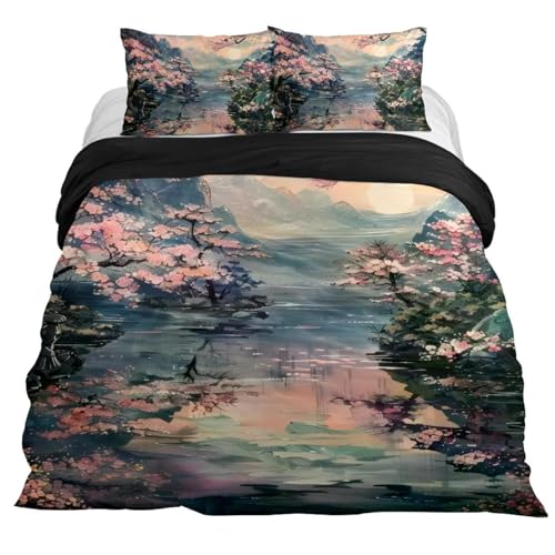 VAPOKF Duvet Covers Set King Size Soft and Breathable Microfiber Comforter Bedding Set 1 Duvet Cover 2 Pillowcase with Zipper Closure for Kids Women Men, Oil Painting Cherry Lake Landscape