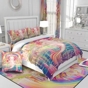 Feelyou Cartoon Axolotl Duvet Cover Ocean Animal Bedding Set for Kids Boys Girls Rainbow Castle Comforter Cover Cute Sea Animal Bedspread Cover with 1 Pillowcase 2Pcs Bedding Toddler,No Comforter