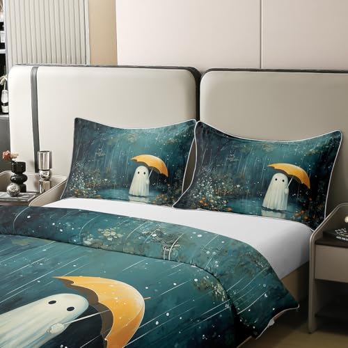 jejeloiu Halloween Ghost Duvet Cover Set 100% Cotton Funny Umbrella Ghost Bedding Set Full Size for Kids Boys Girls Halloween Decor Happy Halloween Comforter Cover Soft Cotton Duvet Cover 3Pcs