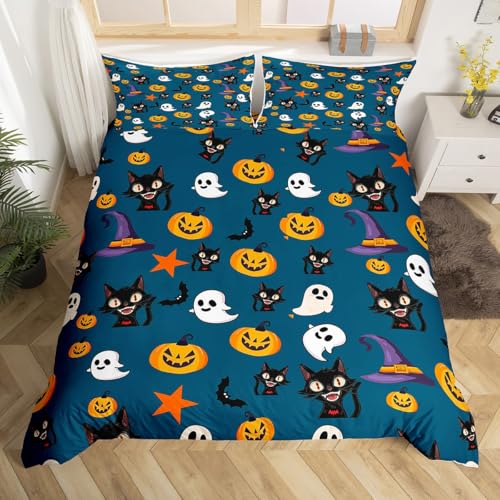 Feelyou Halloween Theme Duvet Cover Horror Pumkin Bedding Set for Kids Boys Girls Cute Ghost Comforter Cover Black Cats Bats Bedspread Cover Bedroom Collection 2Pcs Toddler Size,No Comforter