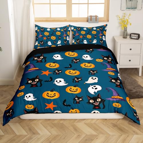 Feelyou Halloween Theme Duvet Cover Horror Pumkin Bedding Set for Kids Boys Girls Cute Ghost Comforter Cover Black Cats Bats Bedspread Cover Bedroom Collection 2Pcs Toddler Size,No Comforter