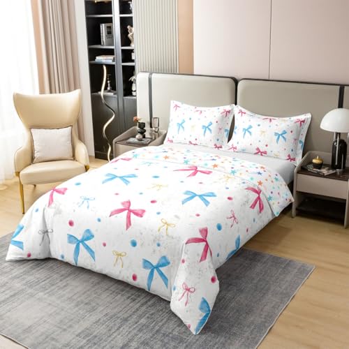 jejeloiu Girls Bowknot Duvet Cover Set 100% Cotton Twin Size Kids Dreamy Princess Style Bedding Set Teens Girly Colorful Kawaii Comforter Cover Super Soft Blue Pink Cotton Duvet Cover 2Pcs