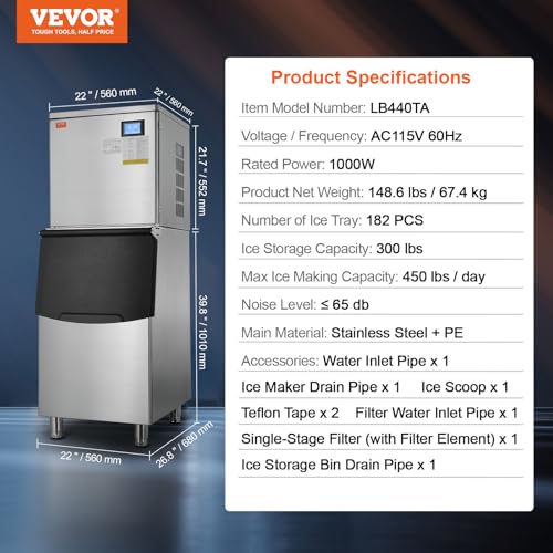 VEVOR Commercial Ice Maker, 450LBS/24H Ice Making Machine with 300LBS Large Storage Bin, 1000W Auto Self-Cleaning Ice Maker Machine with 3.5-inch Touchscreen for Bar Cafe Restaurant Business