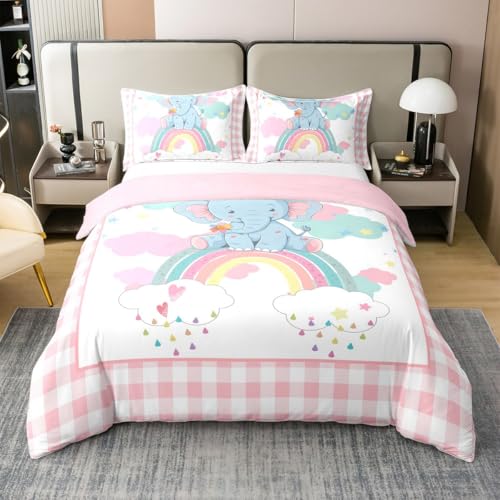 jejeloiu Cartoon Elephant Bedding Set Rainbow Print Comforter Cover Twin Size for Kids Boys Cute Animal Duvet Cover Set 100% Cotton Star Clouds Down Cotton Duvet Cover 2Pcs Pink White Plaid Girls