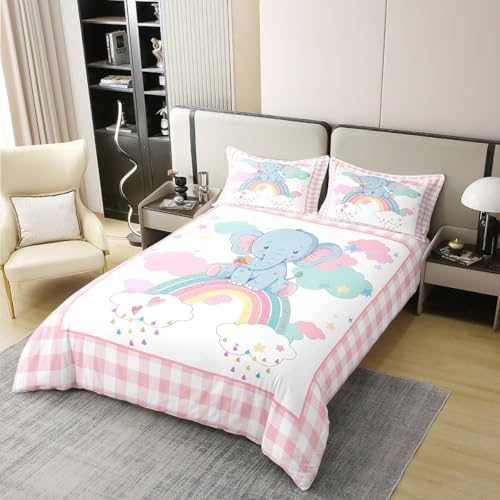 jejeloiu Cartoon Elephant Bedding Set Rainbow Print Comforter Cover Twin Size for Kids Boys Cute Animal Duvet Cover Set 100% Cotton Star Clouds Down Cotton Duvet Cover 2Pcs Pink White Plaid Girls