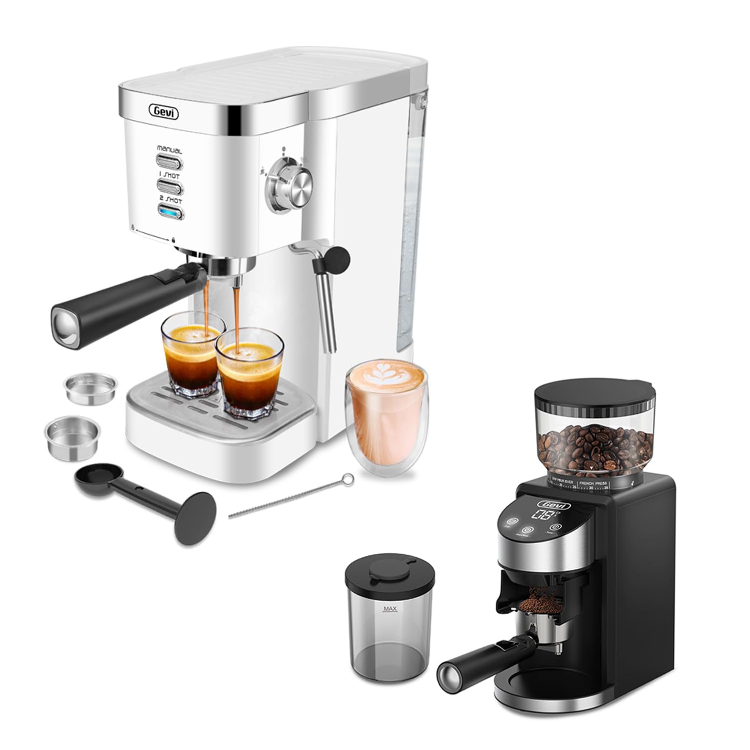 Gevi Espresso Machine 20 Bar High Pressure,Compact Espresso Maker with Milk Frother Steam Wand, Burr Coffee Grinder, Adjustable Burr Mill with 35 Precise Grind Settings, Electric Coffee Grinder