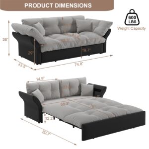 KIVENJAJA 74.8” Queen Pull Out Sofa Bed, 3 in 1 Convertible Sleeper Sofa Futon Pullout Couch, Velvet Tufted Cloud Loveseat with 2 Pillows for Living Room Bedroom Apartment, Grey