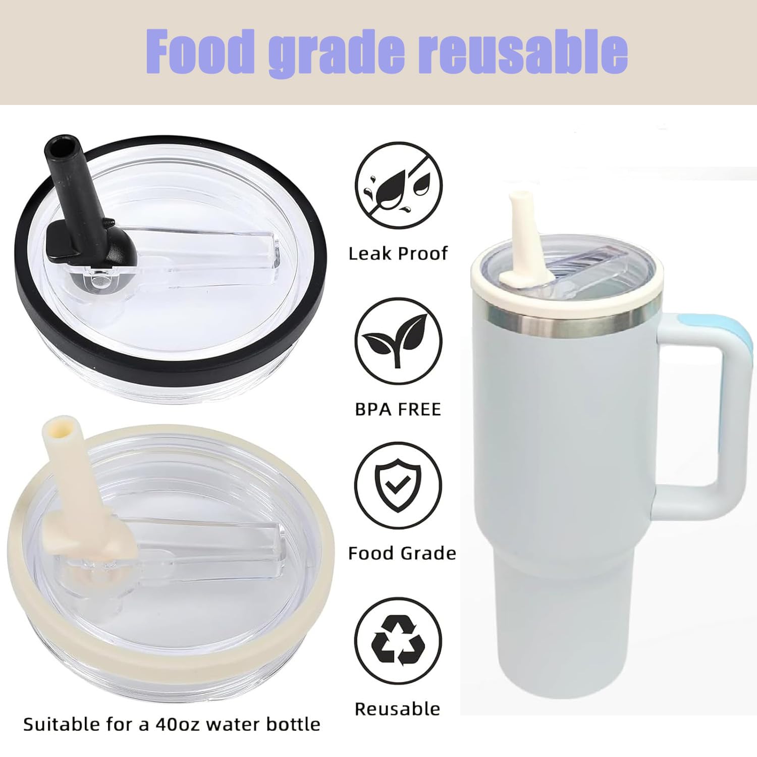 2 Pack 40 oz Tumbler Flip Straw Lid Replacement fit for Stanley Quencher, Spill Proof Splash Resistant Tumbler Lids,Dustproof Tumbler Cover, Reusable Tumbler Cover，With straw(White)