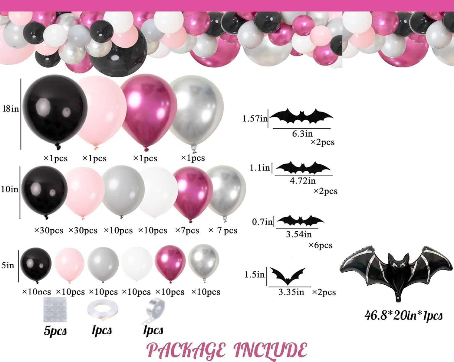 Bonropin 178pcs Pink Halloween Balloon Garland Arch Kit with Black Pink Silver Balloons Ghost Bat Foil Balloons 3D Bat Sticker for Girls Pink Halloween Decoration Birthday Baby Shower Party