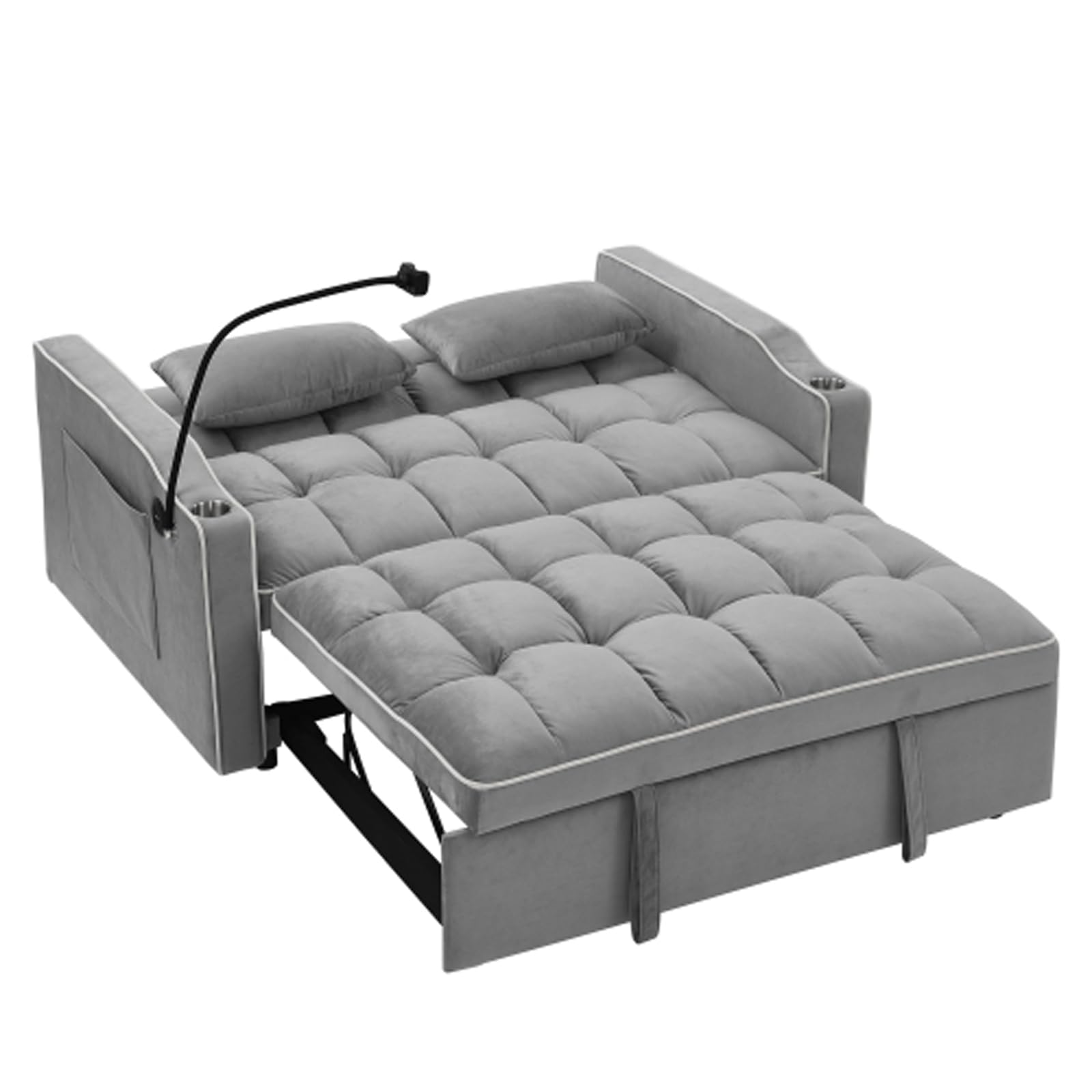 WIIS' IDEA Convertible Sofa Bed,3-in-1 Velvet Sleeper Couch Pull-Out Bed,55'' Loveseat Sleeper Sofa Bed with Adjustable Backrest with 2 Pillows and Storage Bag & USB Port and Swivel Phone Stand,Gray