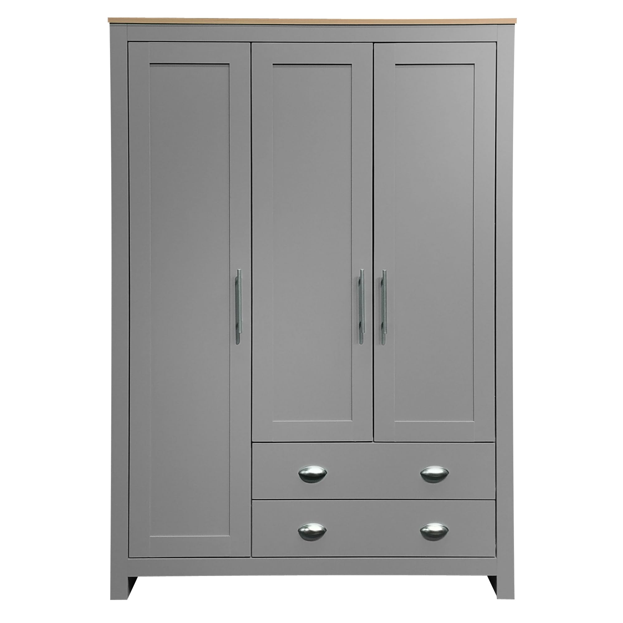 Merax 3 Doors Grey Wood Wardrobe Cabinets, Bedroom Accent Armoire Closet Organizer with Big Drawers, Hanging Rails and Shelve, Functional Clothes Storage Cabinet for Home Room, Dorm, Apartment, Gray