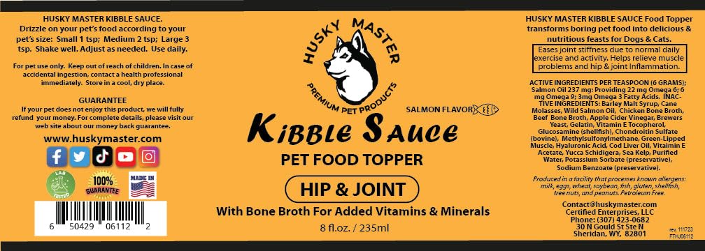 Husky Master Hip & Joint Kibble Sauce – Advanced Joint Support for Dogs – Pet Food Supplement w/Glucosamine, Chondroitin, Omega-3 & Bone Broth – Promotes Mobility & Eases Discomfort – Liquid Topping