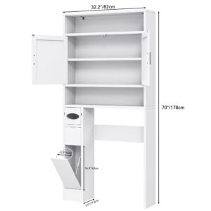 YITAHOME Over The Toilet Storage, Bathroom Storage Over The Toilet, Bathroom Cabinet with Adjustable Shelves, Double Doors, Trash Can Placement Ring, Tissue Box Holder for Bathroom (White)