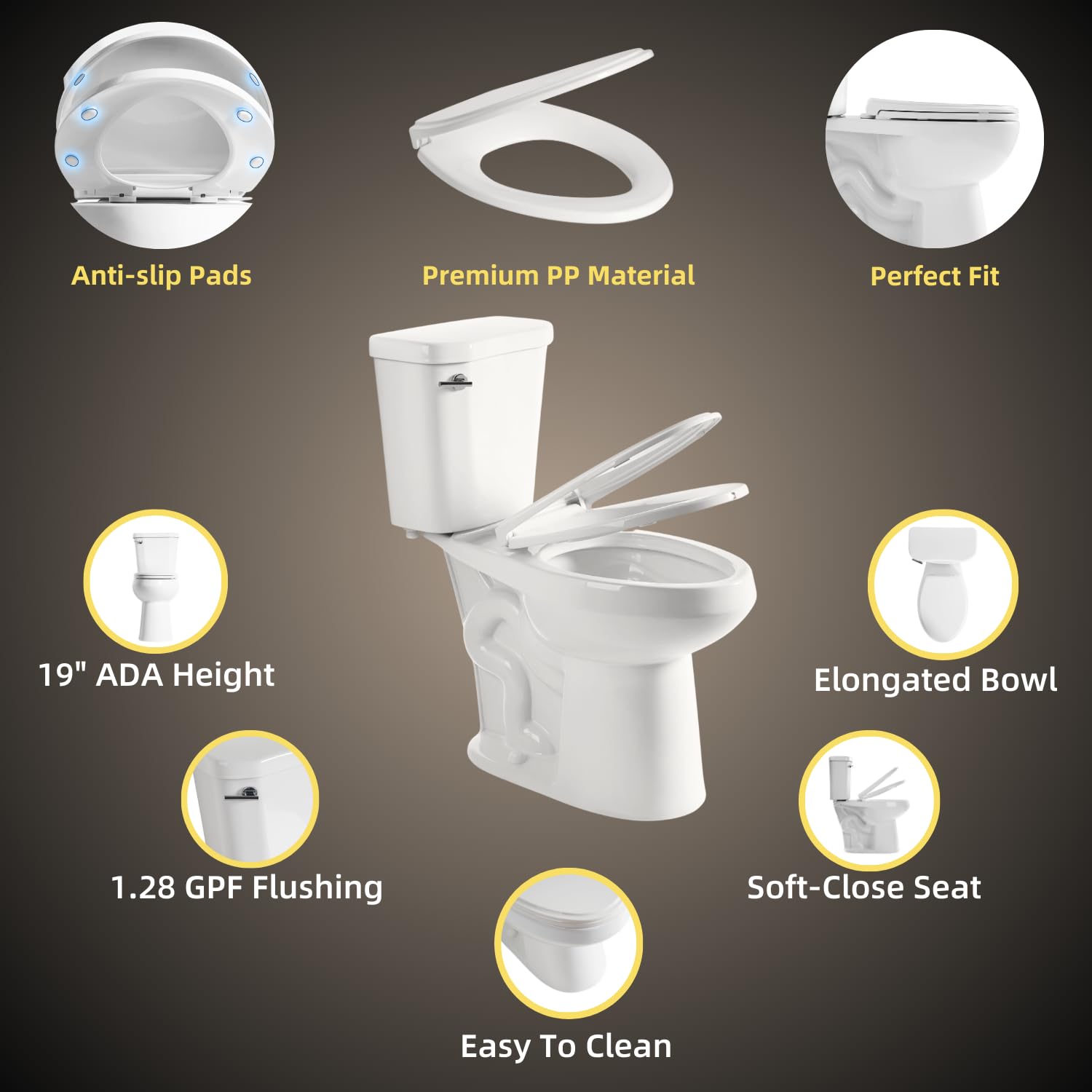 19 Inch High Toilet, Los Flexi ADA & Elongated Extra Tall Toilet for Seniors, Comfort Height Two-Piece Toilet With Soft-Close Seat,12” Rough-In, S-Trap, Siphonic Flush 1.28 GPF