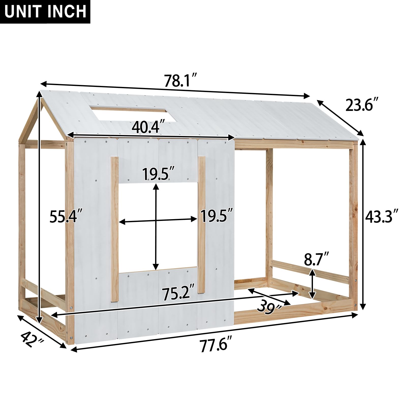 THINK 30 House Platform Bed, Platform Bed with Roof and Window, Twin Size, White+Natural