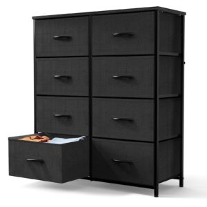 bedroom dresser, tall dresser and fabric storage tower, bedroom chest of drawers, organizer unit with 8 drawers, locker, hallway, closet, wooden top and sturdy steel frame (black)