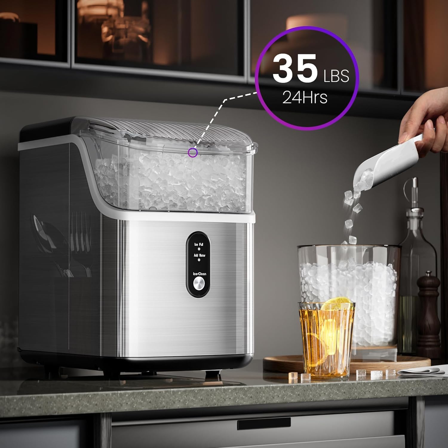 Nugget Ice Maker Countertop, 35Lbs/24H Portable Ice Maker Machine with Chewable Ice, Crushed Ice Maker Countertop with Self-Cleaning Function/Ice Basket/Ice Scoop for Home & Kitchen & Office(Sliver)