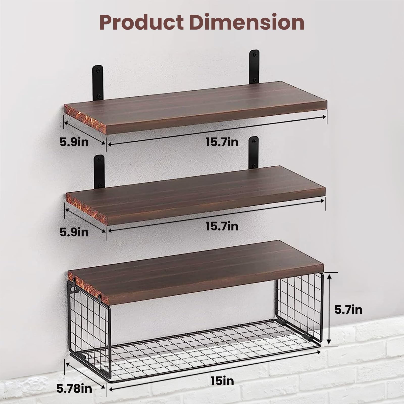 Zorpupoa Floating Shelves with Storage Basket, 2 in 1 Bathroom Shelves Over Toilet, Wooden Wall Mounted Shelves for Living Room, Bedroom and Kitchen