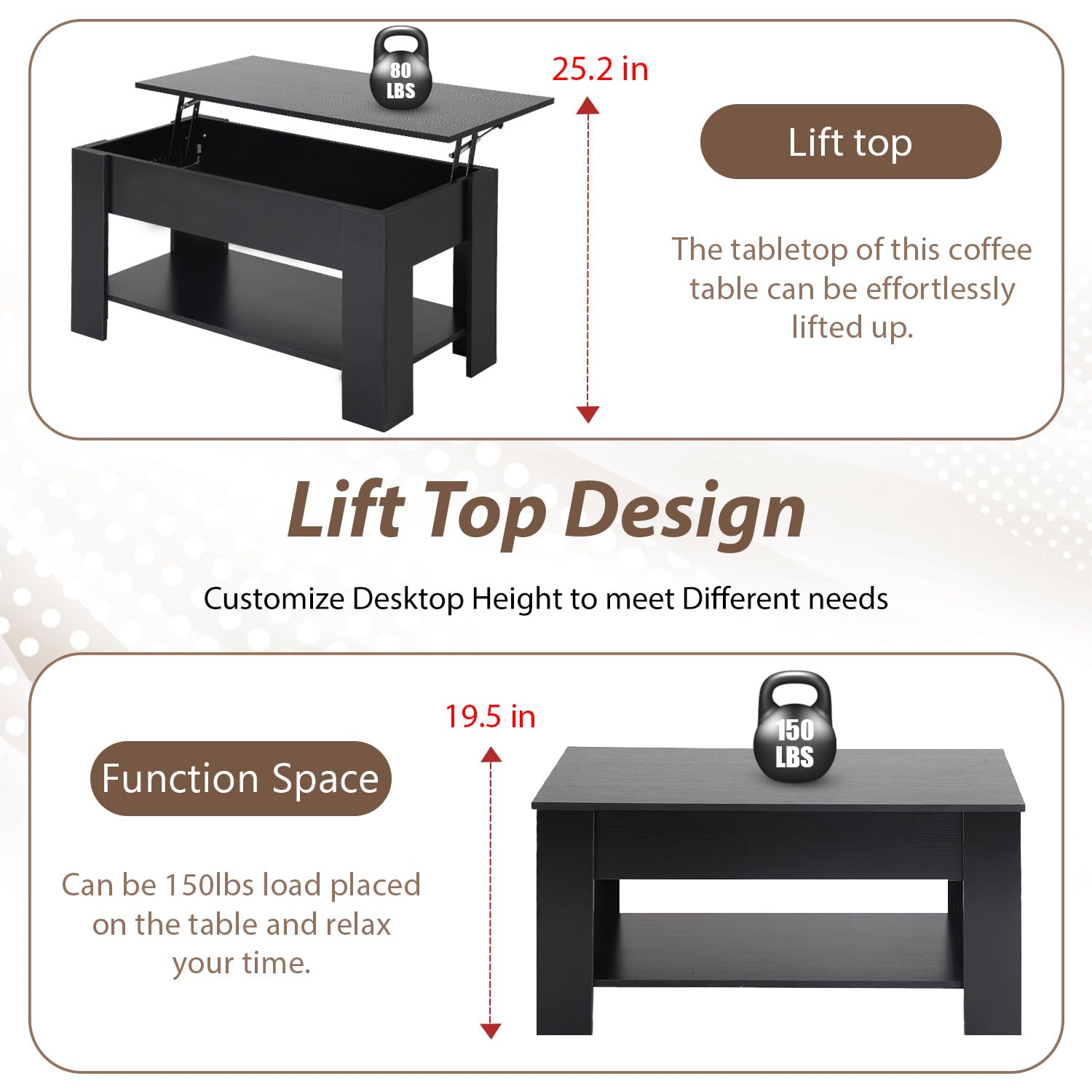 NChanmar Coffee Table for Living Room, Lift Top Coffee Table with Hidden Compartment and Storage Shelf, Living Room Furniture for Home, Office-Black