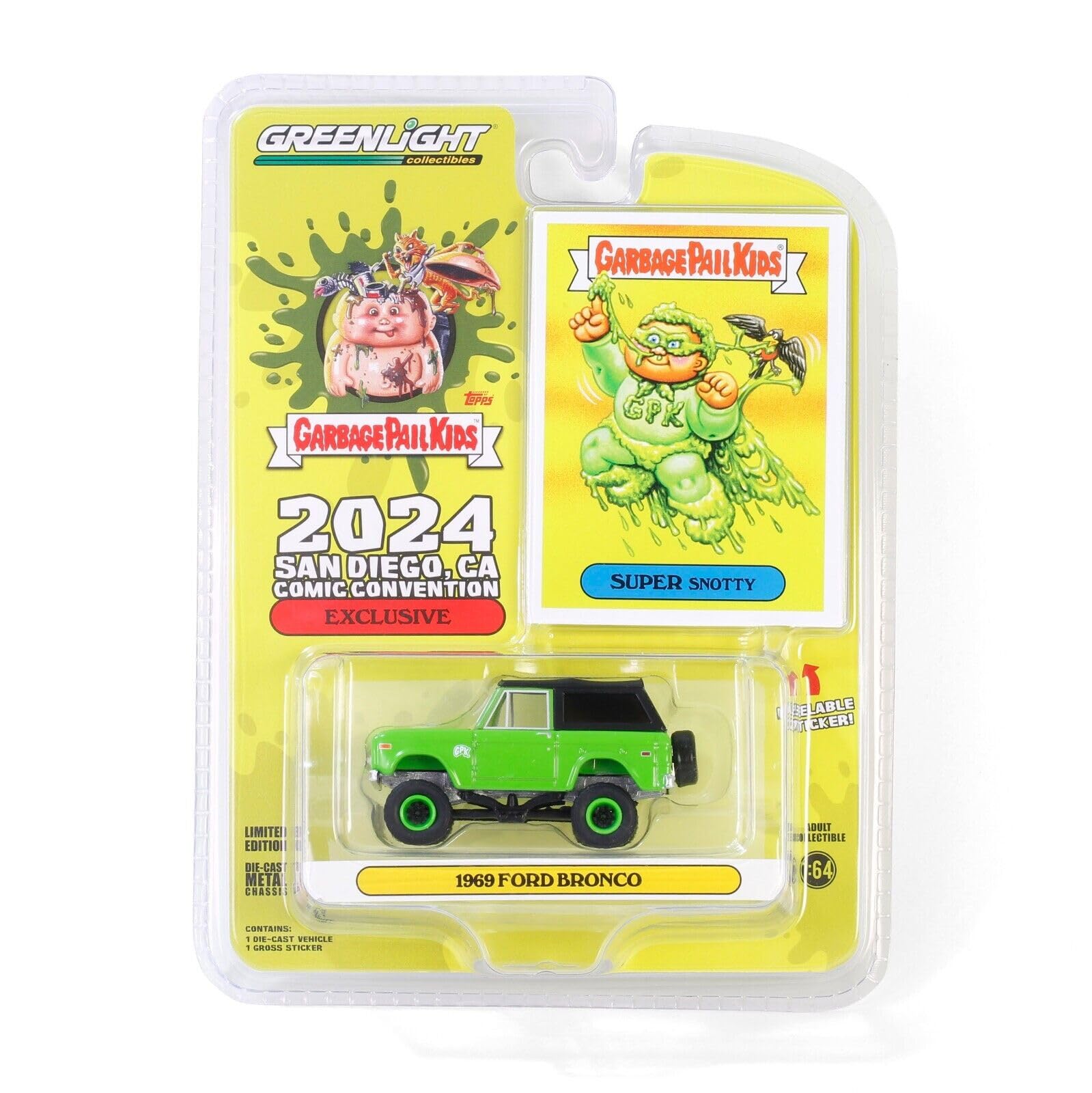 Greenlight 51617 Garbage Pail Kids 2024 San Diego Comic Con Exclusive 1969 Bronco - GPK 1:64 Scale Diecast with Collector Sticker Card