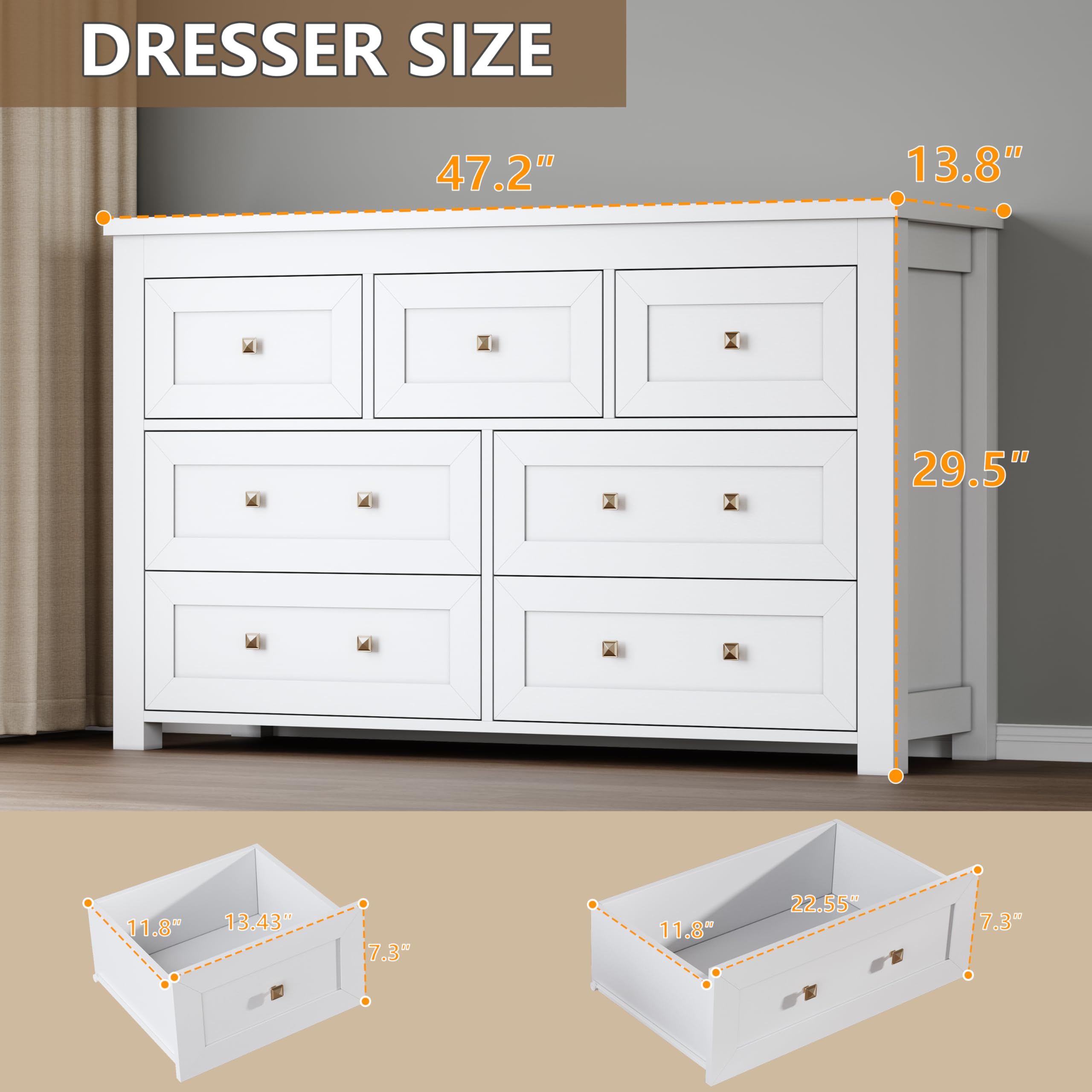 BORNOON 7-Drawer Dresser, Modern Wooden Storage Chest, Large Organizer for Bedroom, Living Room, Hallway, Stylish Chest of Drawers with Metal Handles, Space-Saving Organizer for Clothes, Accessories