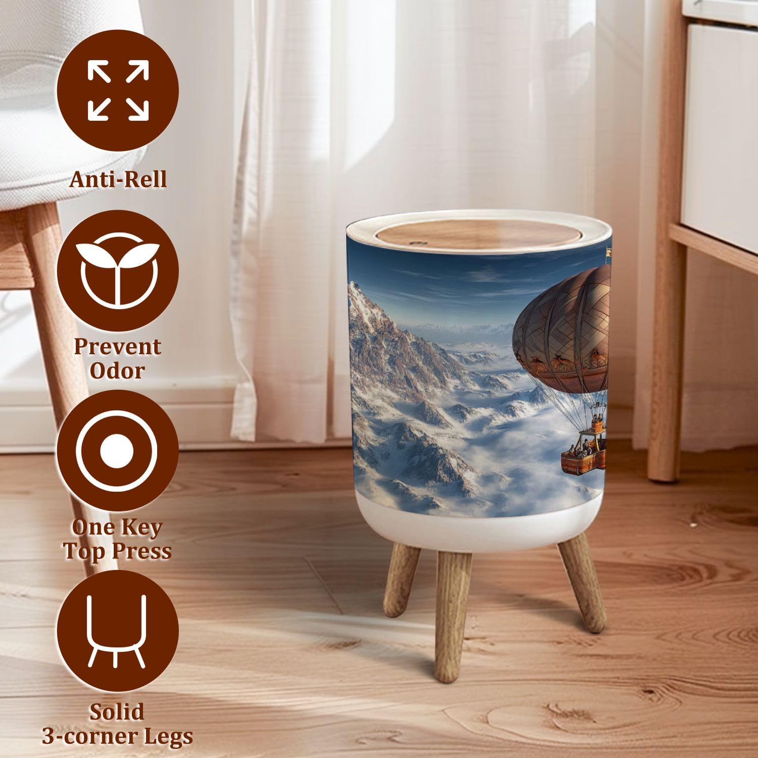 LGCZNWDFHTZ Small Trash Can with Lid Fantasy hot air Balloon Snow Covered Mountains Garbage Bin Pet Proof Waste Basket for Kitchen Bathroom Office Bedroom Decorative 1.8 Gallon