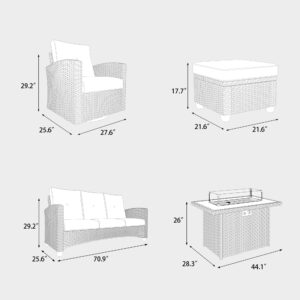 Vakollia 6 Pieces Patio Furniture Swivel Chairs Set with Fire Pit Table, Outdoor Wicker Glider Rocking Chairs with Sofa Set