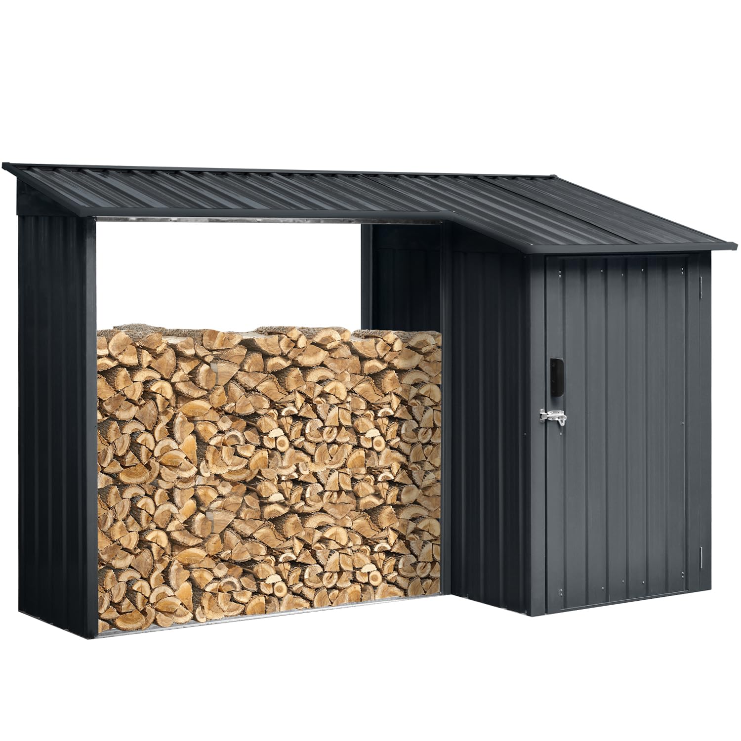 Outdoor Steel Firewood Rack and Metal Storage Shed,Two-in-One,Firewood Storage Shed for Backyard Patio Garden Lawn,Black