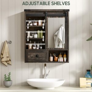 Bathroom Wall Cabinet, Farmhouse Medicine Cabinet with Sliding Mirror Door and Adjustable Shelves, Over The Toilet Space Saver Storage Cabinet with Towels Bar, Wall Mounted Cupboard