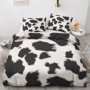 fjwxcbd cow print duvet cover california king size, animal skin pattern bedding set 3 piece for bedroom decor, black and white duvet cover & 2 pillow shams, with zipper & ties, super soft microfiber