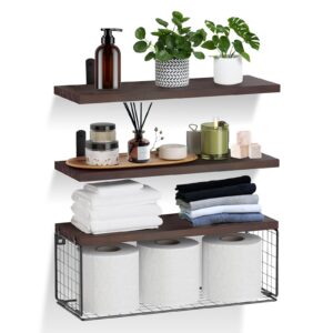 zorpupoa floating shelves with storage basket, 2 in 1 bathroom shelves over toilet, wooden wall mounted shelves for living room, bedroom and kitchen