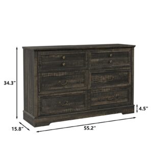 Furnihold Farmhouse 6 Drawers Dresser for Bedroom, Black Double Dresser, Wide Chest of Drawers for Bedroom, Living Room,Hallway