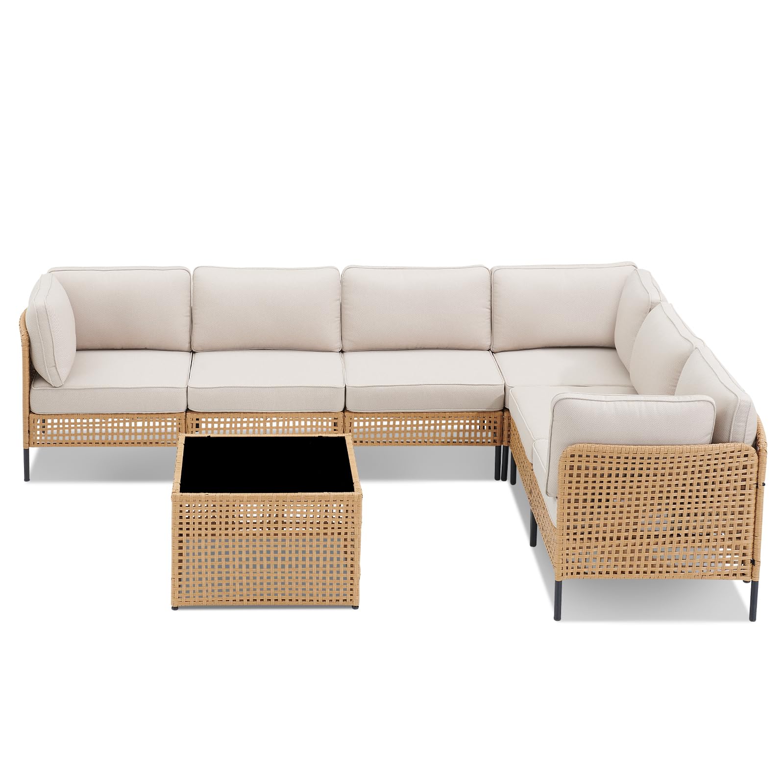 FEISHOMINOO 7 Piece Outdoor Patio Furniture Set, Oversize Outdoor Sectional Furniture, Rattan Chairs Glass Table Wicker Conversation Seating Sectional Sofa with Cushion Deep Seating for Porch