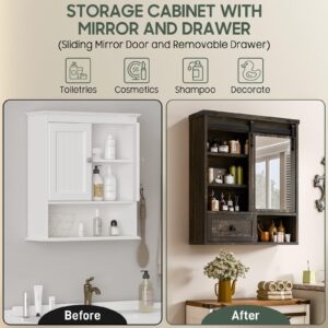 Bathroom Wall Cabinet, Farmhouse Medicine Cabinet with Sliding Mirror Door and Adjustable Shelves, Over The Toilet Space Saver Storage Cabinet with Towels Bar, Wall Mounted Cupboard