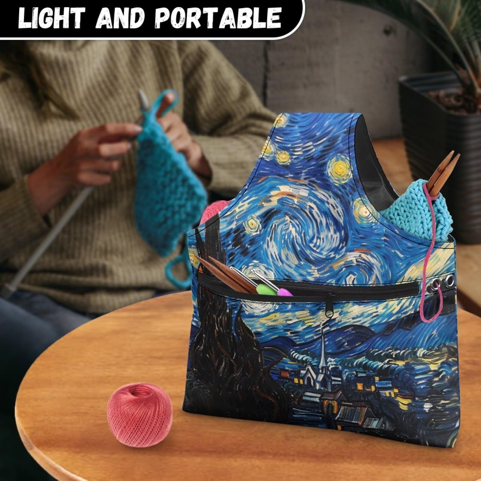 Fuojuvelie Starry Night Yarn Bag Fabric Knitting Projects Organizer Sturdy Crochet Organizer Bag with 4 Grommets for Knitting Needles, Skeins of Yarn Large