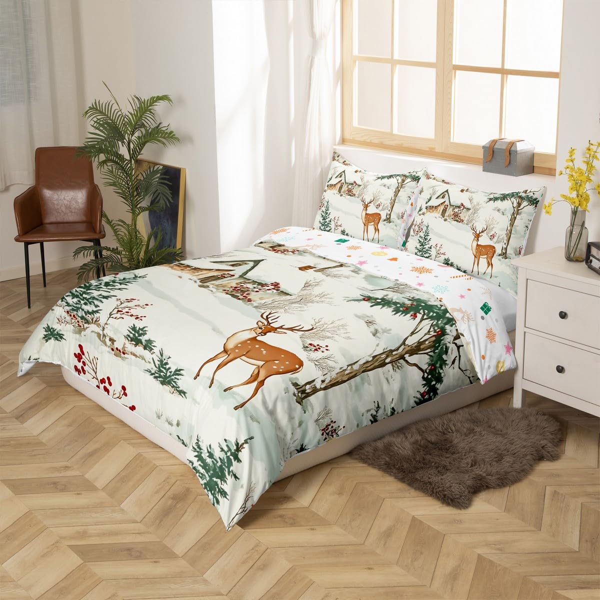 Feelyou Christmas Deer Elk Duvet Cover Set Merry Christmas Pine Tree Bedding Set Twin Size for Boys Girls Bedroom Bed Decor Winter Christmas Xmas Comforter Cover Xmas Quilt Cover for All Season