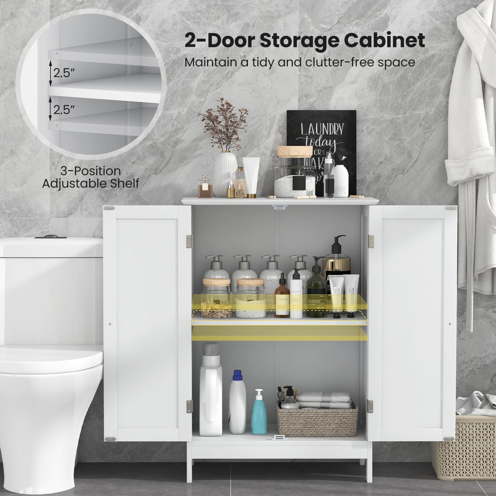 BECOMFORT Bathroom Storage Cabinet, Freestanding Floor Cabinet with Double Doors & Adjustable Shelf, Modern Home Furniture, Bathroom Organizers and Storage for Living Room, Entryway, Kitchen (White)