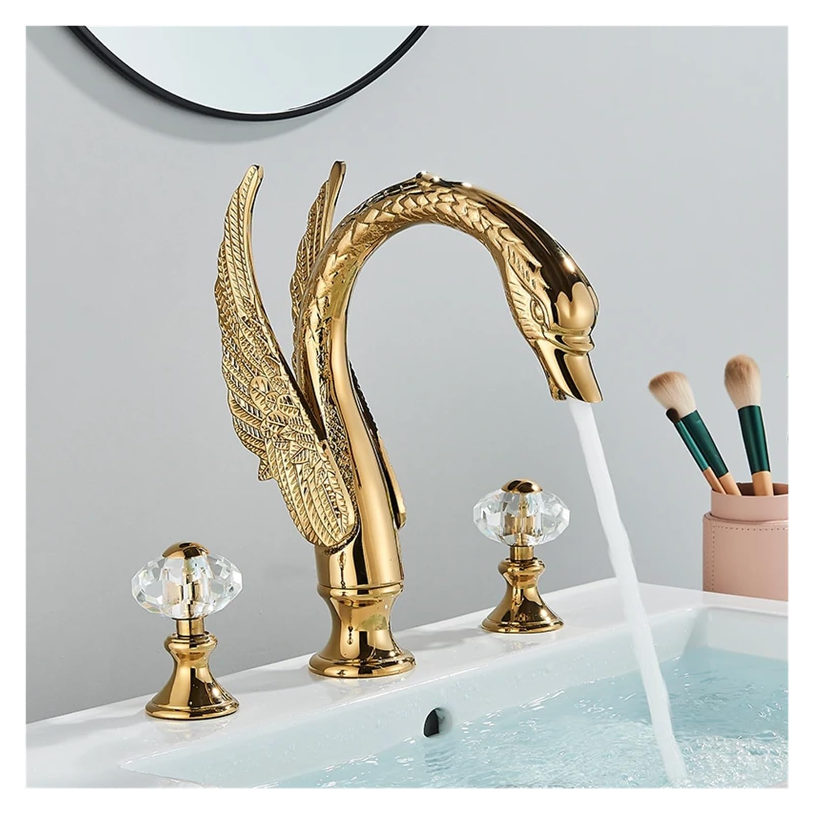 Gold swan Shape Bathroom Faucet Bathtub Double Crystal Handle hot and Cold Mixer(Gold)