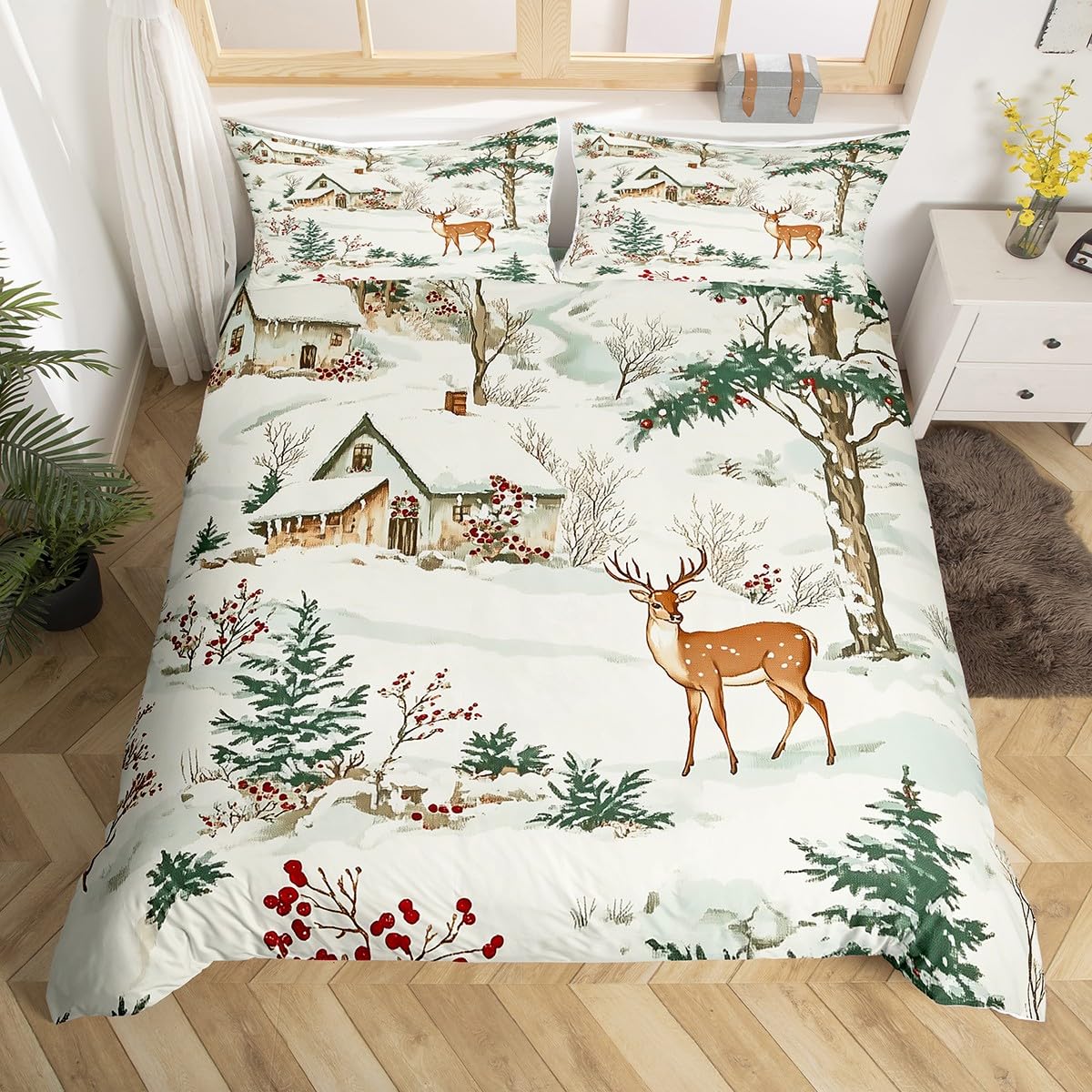 Feelyou Christmas Deer Elk Duvet Cover Set Merry Christmas Pine Tree Bedding Set Twin Size for Boys Girls Bedroom Bed Decor Winter Christmas Xmas Comforter Cover Xmas Quilt Cover for All Season