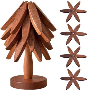 wooden trivets for hot dishes, tree shape trivets set, 4 wooden trivets + 1 stand stored like a christmas tree, sapele wood trivets for hot pots, pans, bowl, teapot