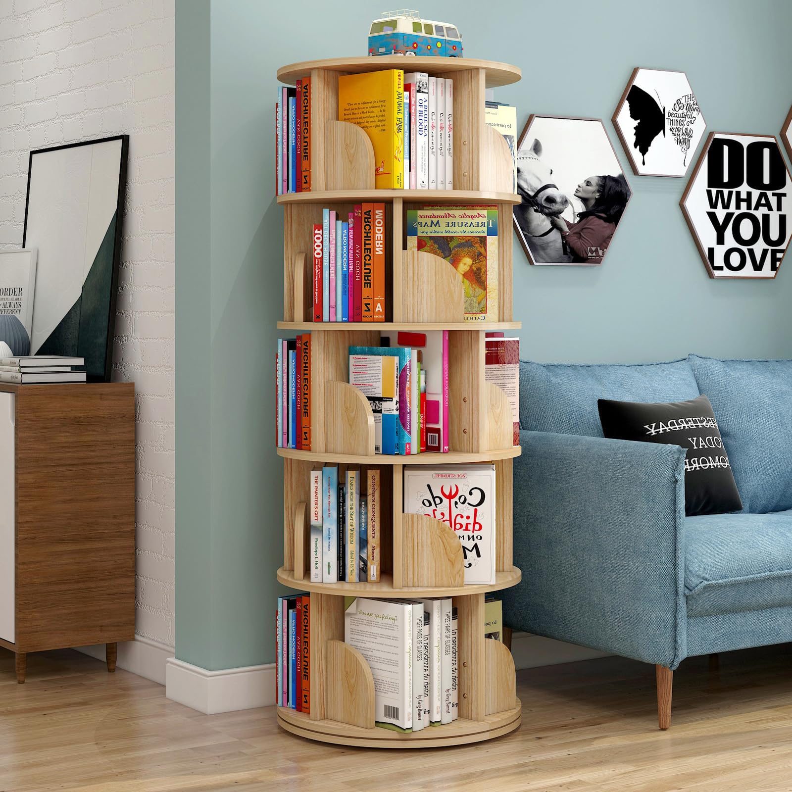 5 Tier Rotating Bookshelf Tower, Spinning Bookcase 360 Revolving Book Shelf, Floor Standing Bookcase Storage Rack for Kids Adults Solid Wood Bookshelf Organizer