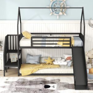 THINK 30 Metal House Bunk Bed, House Bed with Slide and Staircase, Twin Size, Black